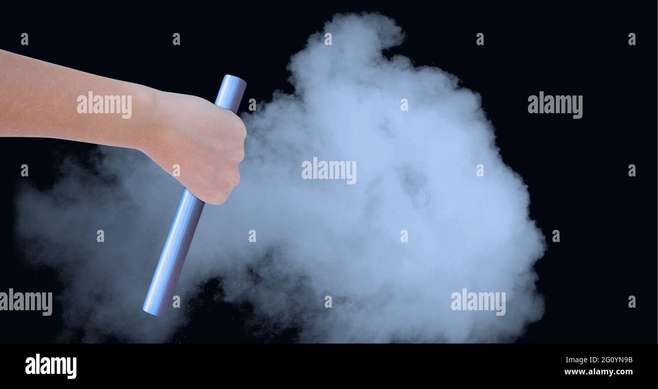 Composition of caucasian male runner holding baton on black background ...
