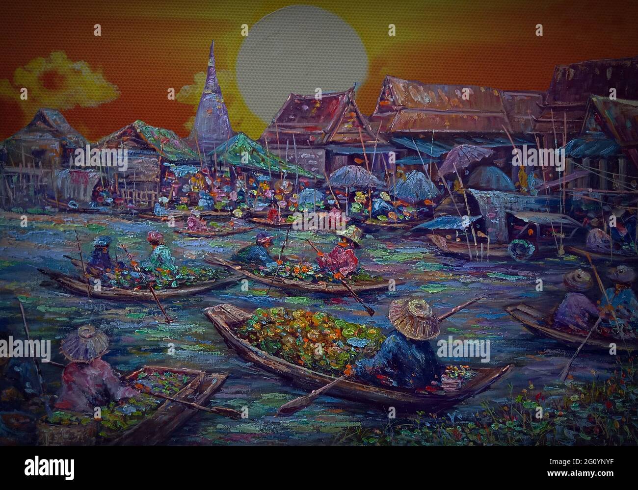 Art painting Oil color Floating market Thailand , rural life , rural ...