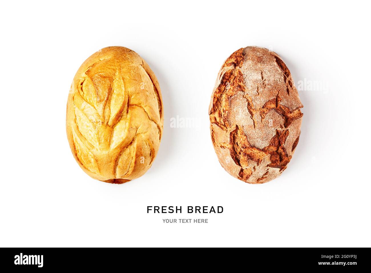 Fresh wheat and rue bread creative layout isolated on white background ...