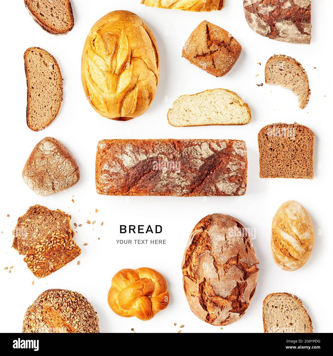 Fresh bread and rolls collection and creative pattern isolated on white ...