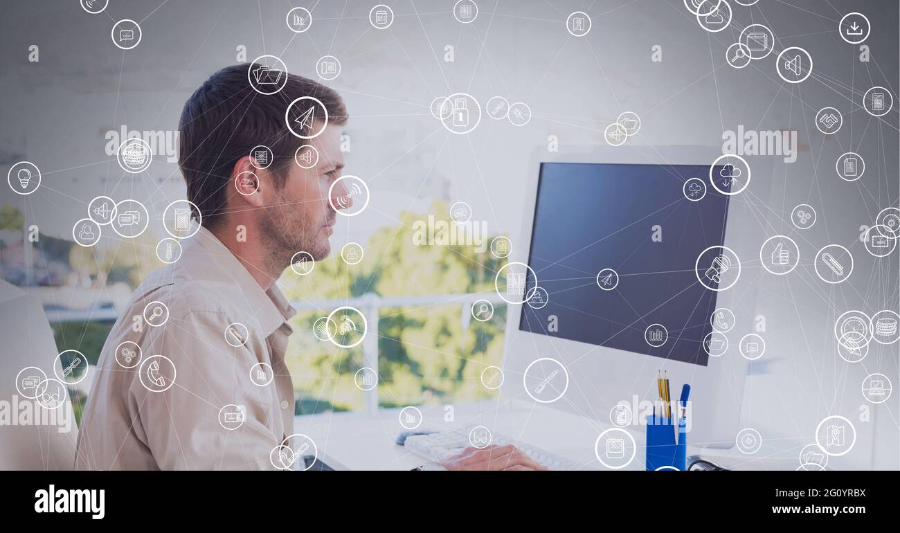 Composition of network of connections with icons over businessman using ...