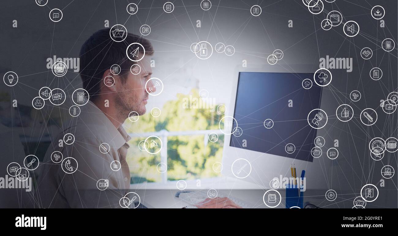 Composition of network of connections with icons over businessman using ...