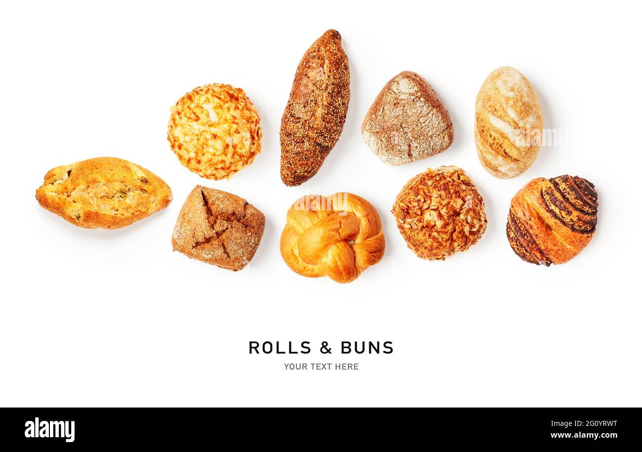 Fresh bread rolls and buns creative layout isolated on white background ...