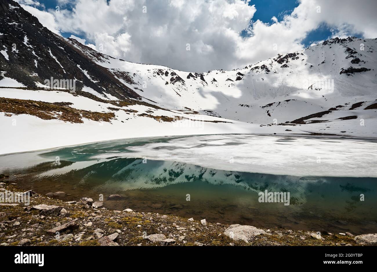 Beautiful scenery of the mountain lake with ice and reflection of snowy ...