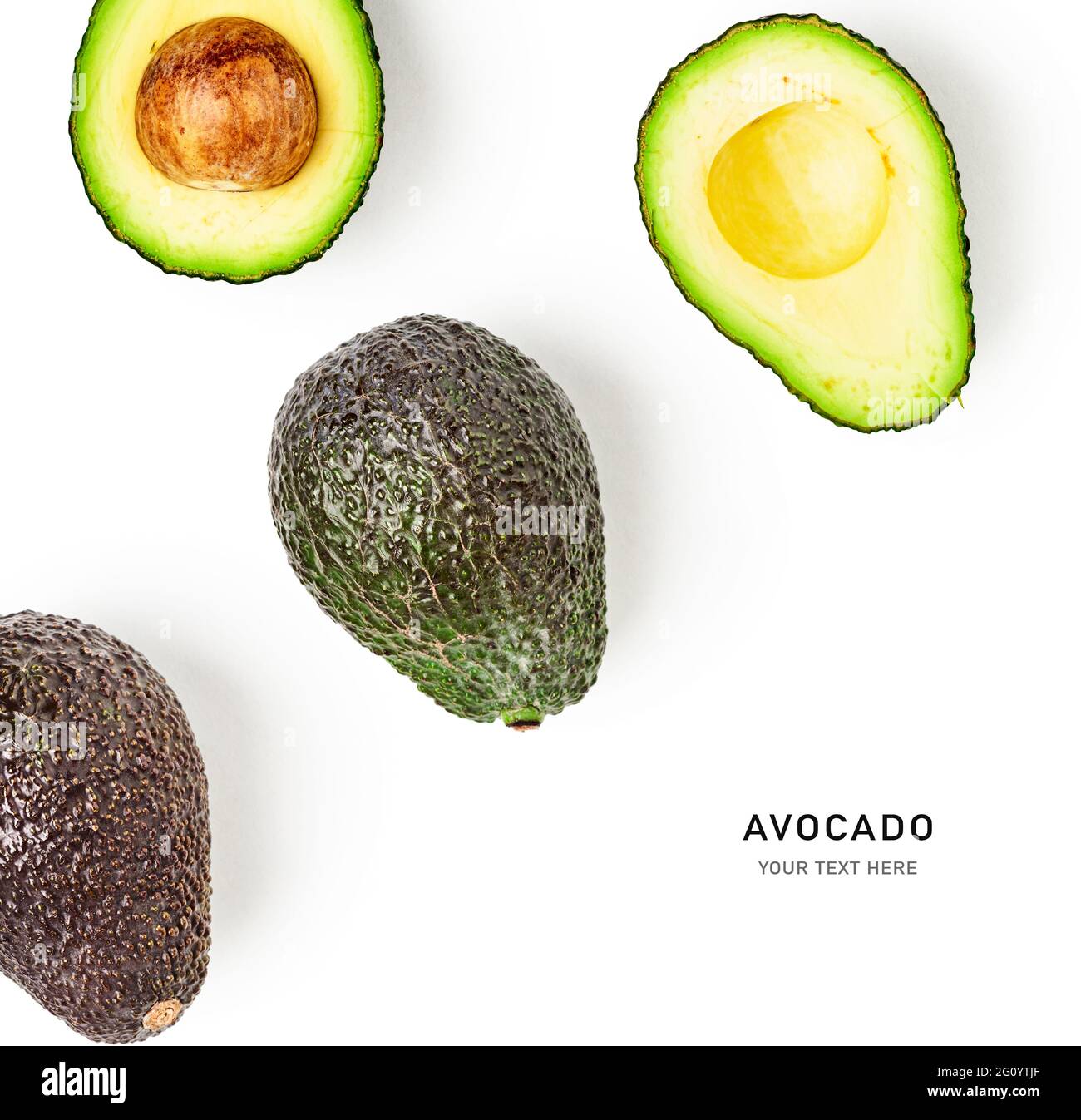 Avocado creative layout and composition isolated on white background ...