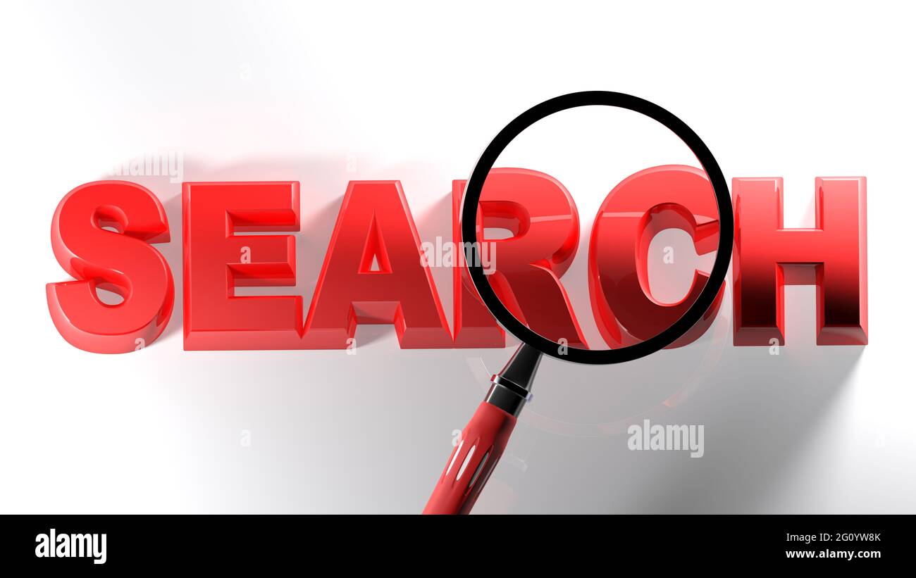SEARCH red write on white surface, under a magnifier - 3d rendering ...