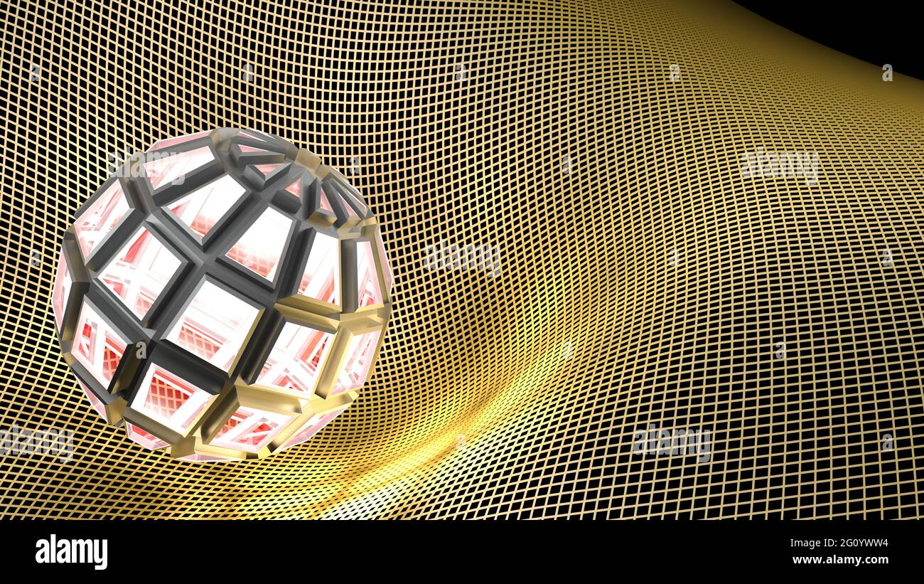 Abstract embossed sphere illuminating a yellow grid on black background ...