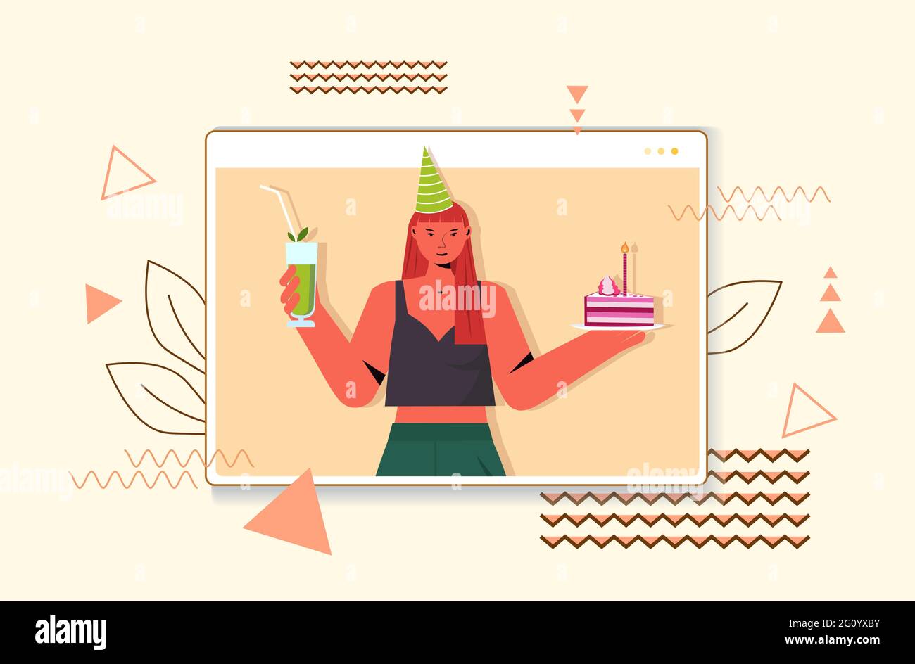 woman in festive hat celebrating online birthday party girl in computer ...