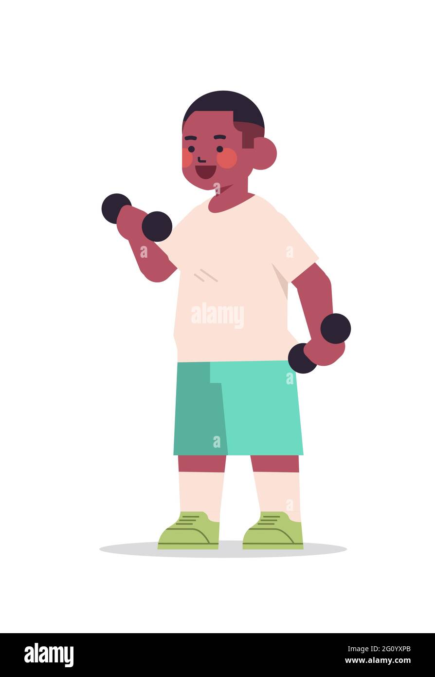 little african american boy doing physical exercises with dumbbells ...