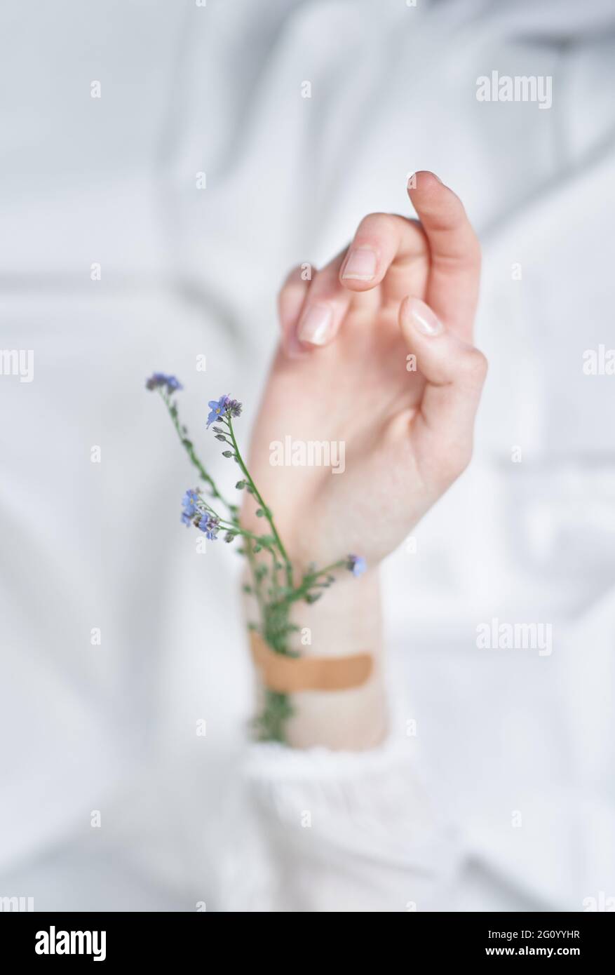 Spring floral aesthetics, wellness or cosmetics concept. Girls hand ...