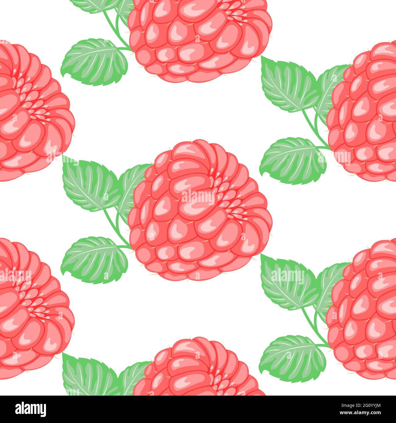 Vector pattern of pink raspberries with green leaves on a white ...