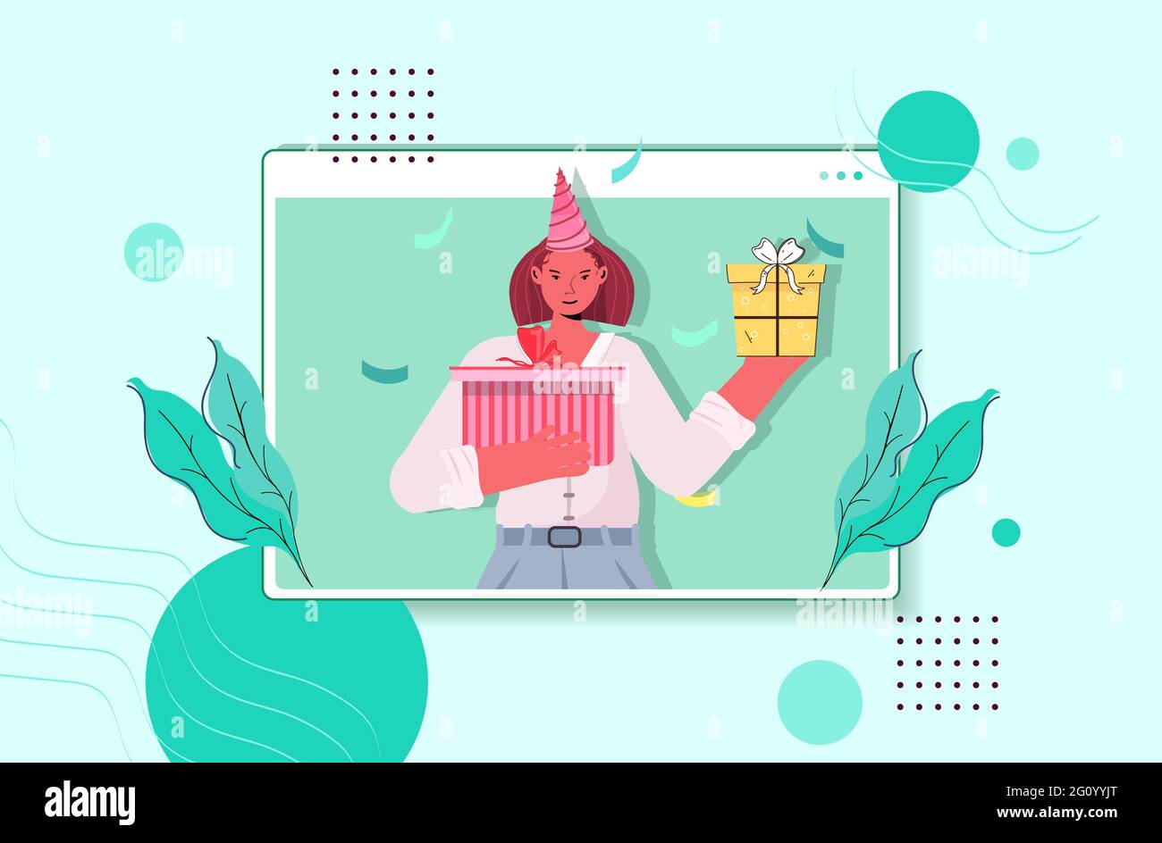 woman in festive hat celebrating online birthday party girl in computer ...