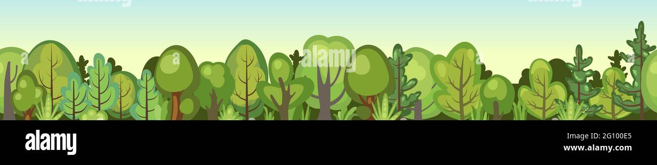 Flat forest. Horizontal seamless composition. Foliage. Cartoon style ...