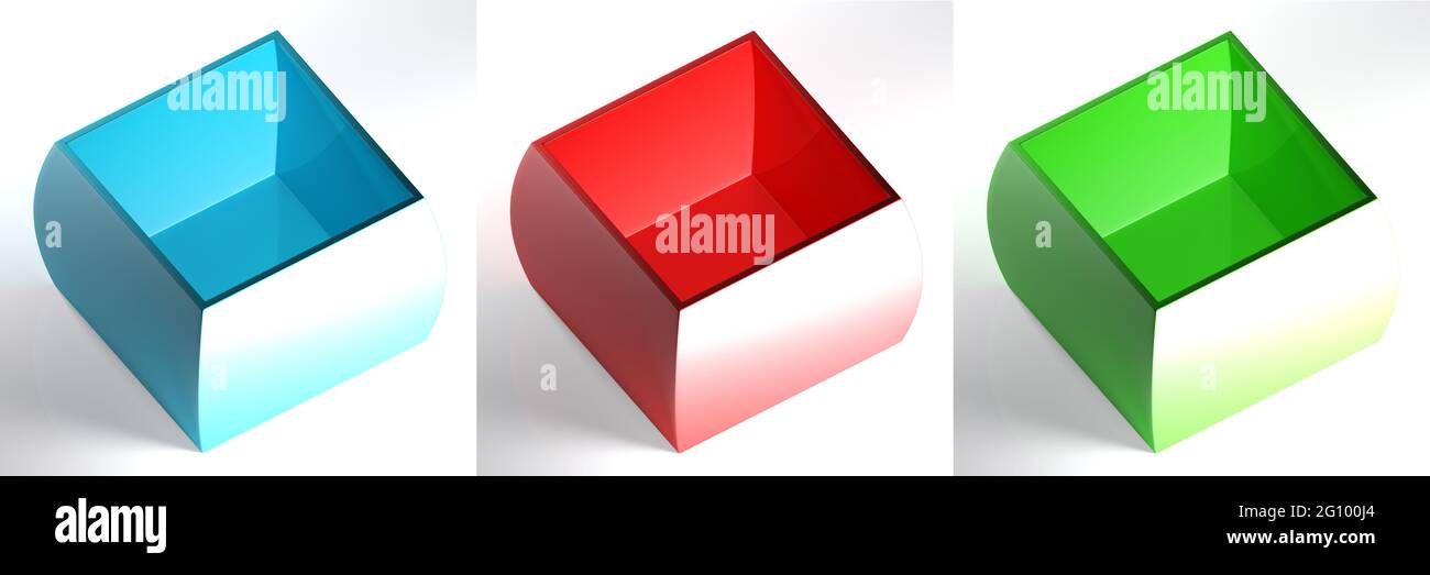 A set of three colored empty boxes on white background - 3D rendering ...