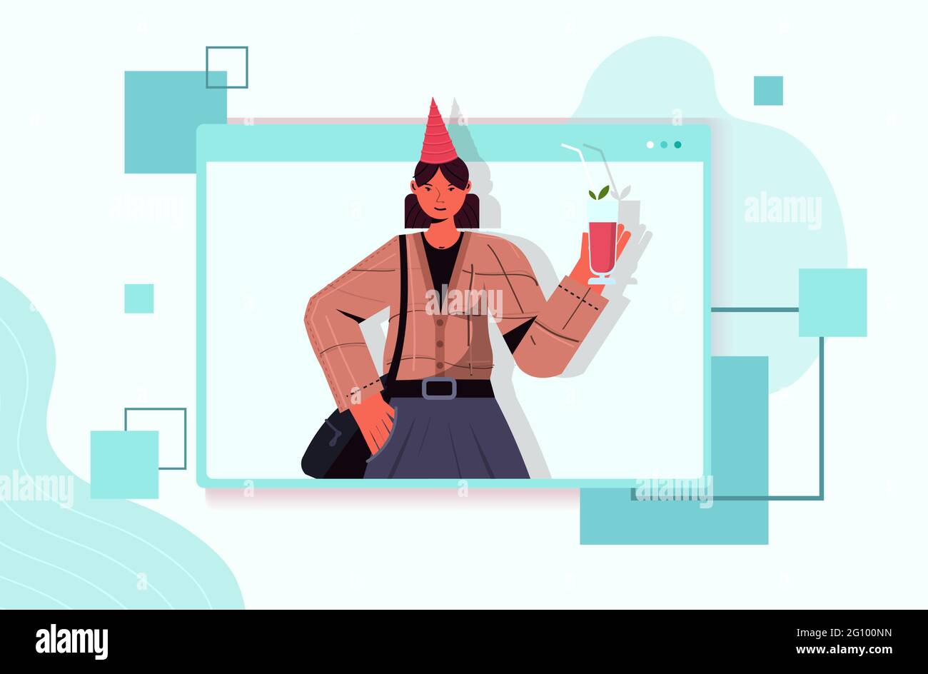 woman in festive hat celebrating online birthday party girl in computer ...