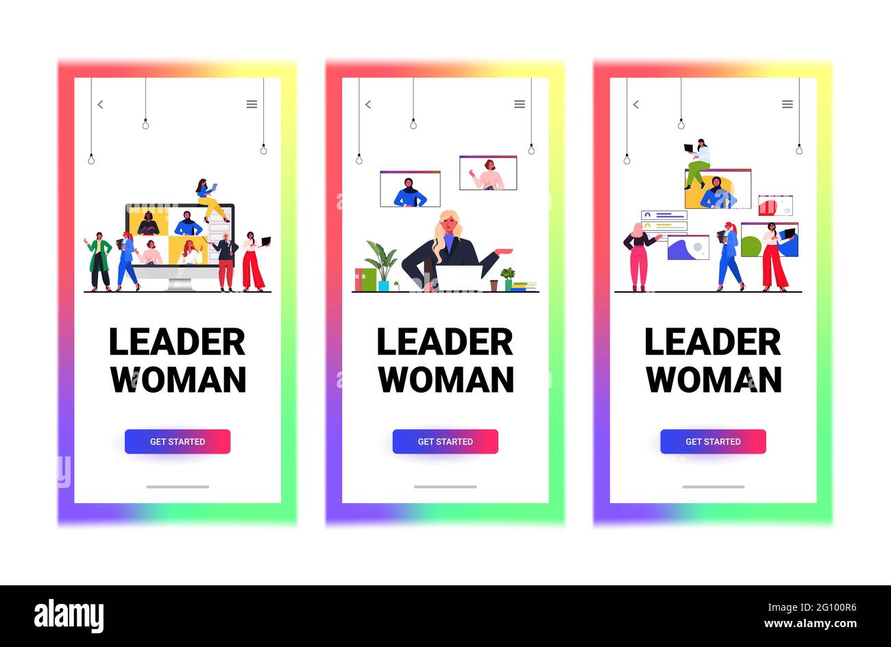 set businesswomen leaders discussing with colleagues during video call ...