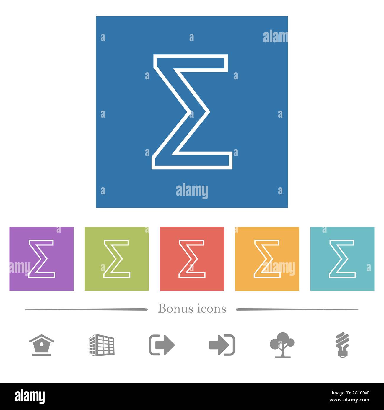 Sum symbol flat white icons in square backgrounds. 6 bonus icons ...