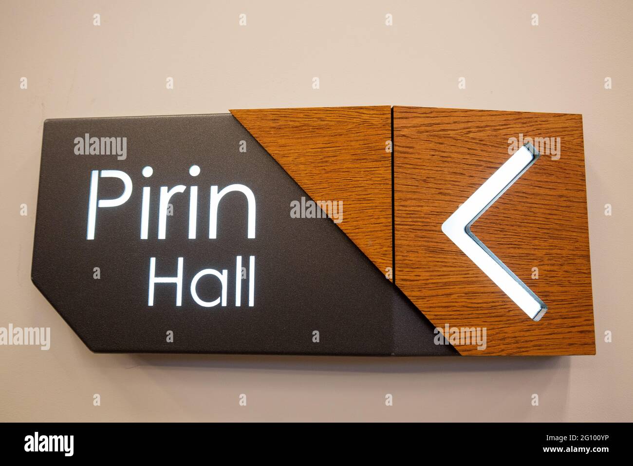 PAMPOROVO, BULGARIA - Mar 29, 2021: Closeup of "Pirin Hall" signage ...