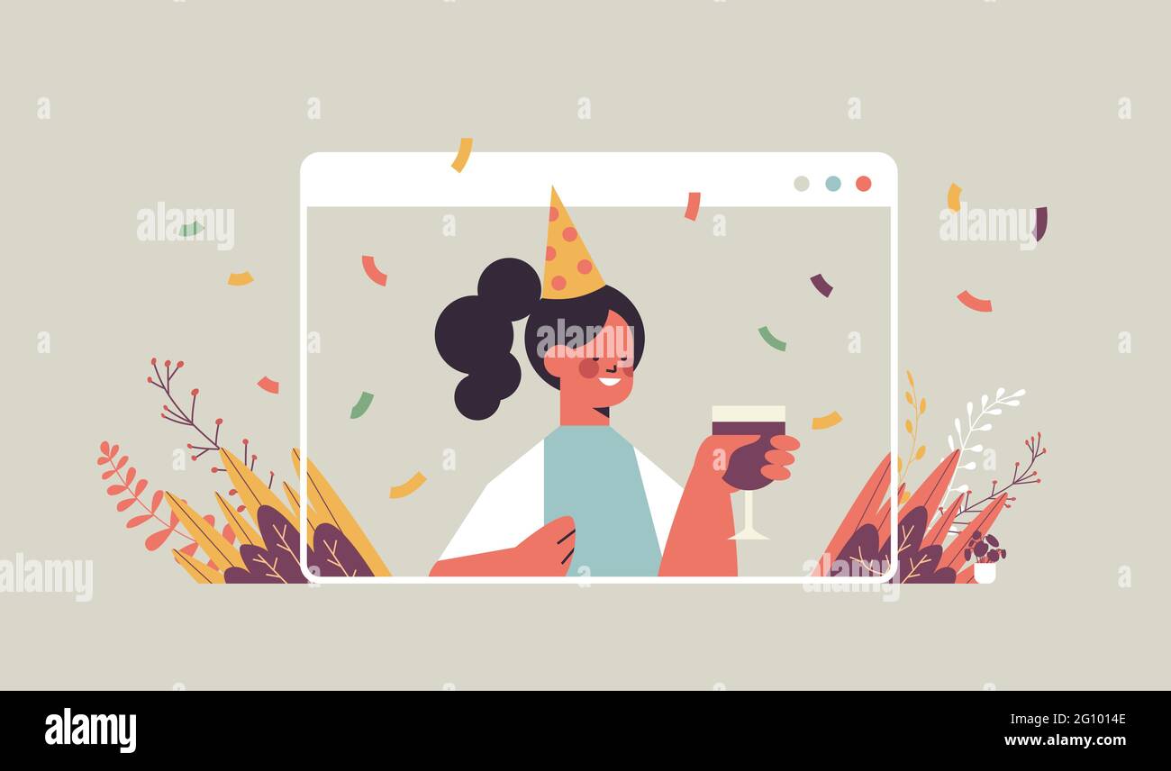 woman in funny festive hat celebrating online birthday party happy girl ...