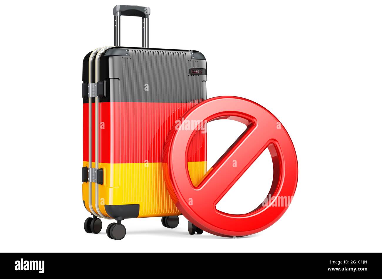 Germany Entry Ban. Suitcase with German flag and prohibition sign. 3D ...