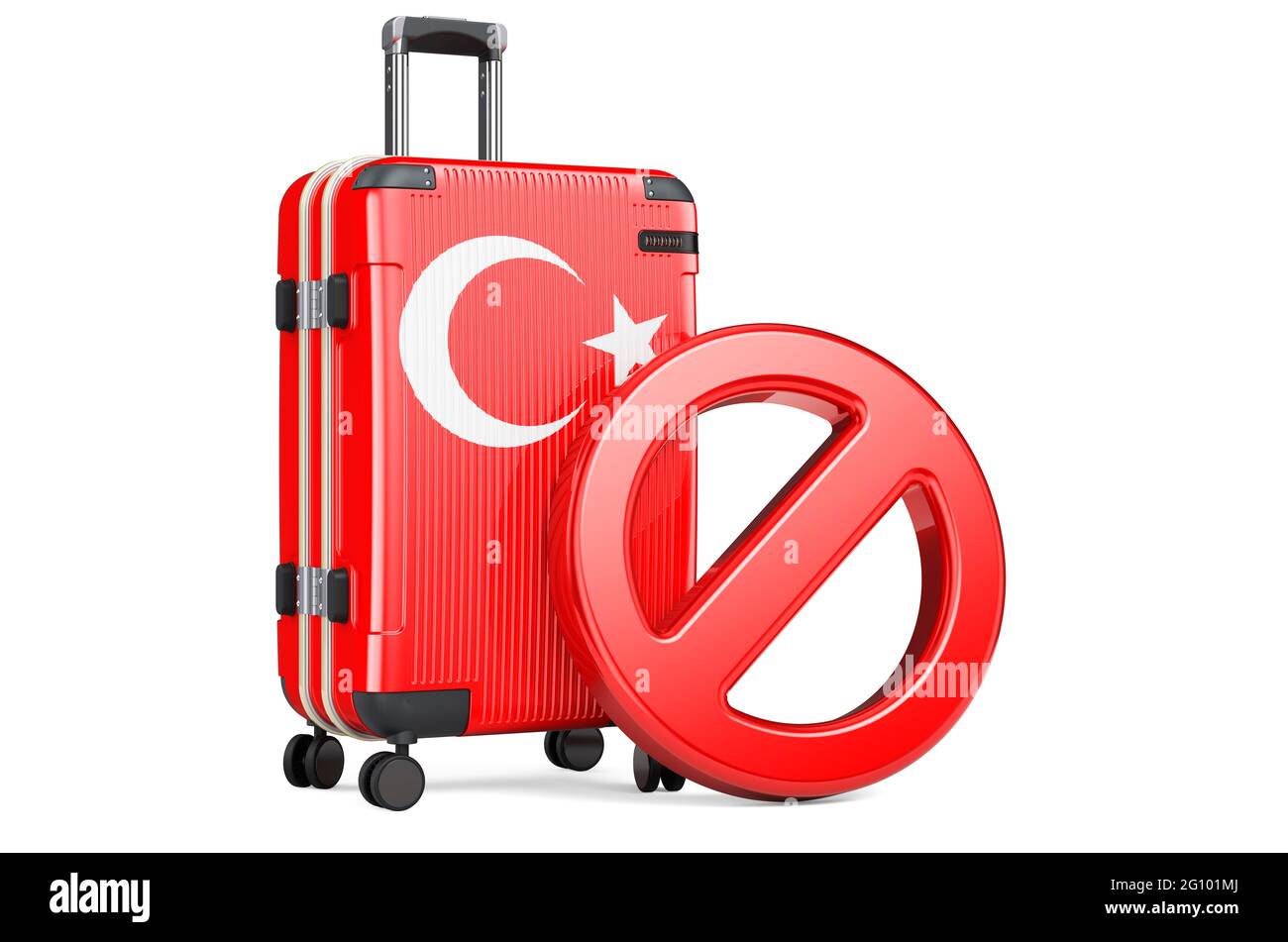 Turkey Entry Ban. Suitcase with Turkish flag and prohibition sign. 3D ...