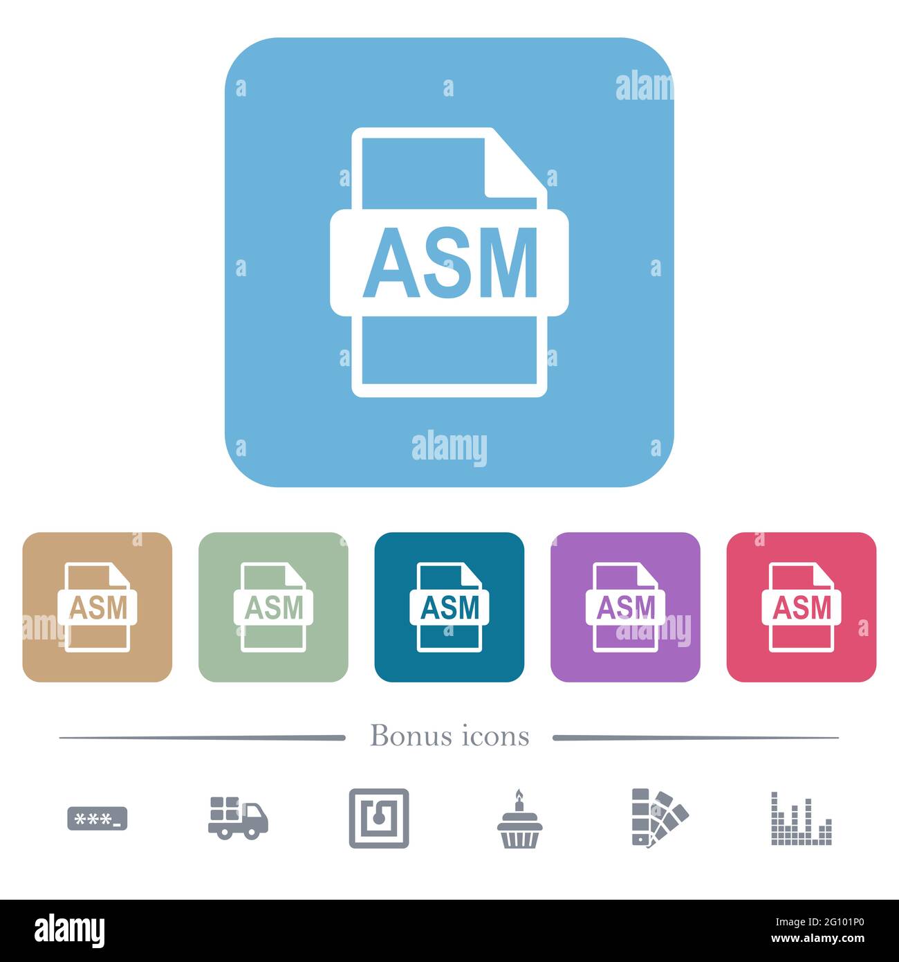 ASM file format white flat icons on color rounded square backgrounds. 6 ...