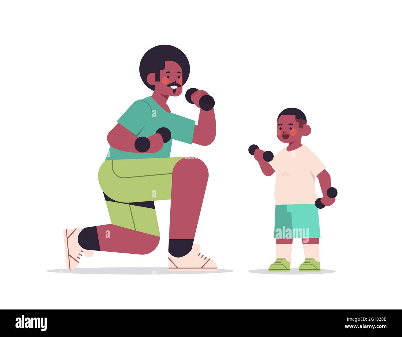 african american father and son doing physical exercises with dumbbells ...