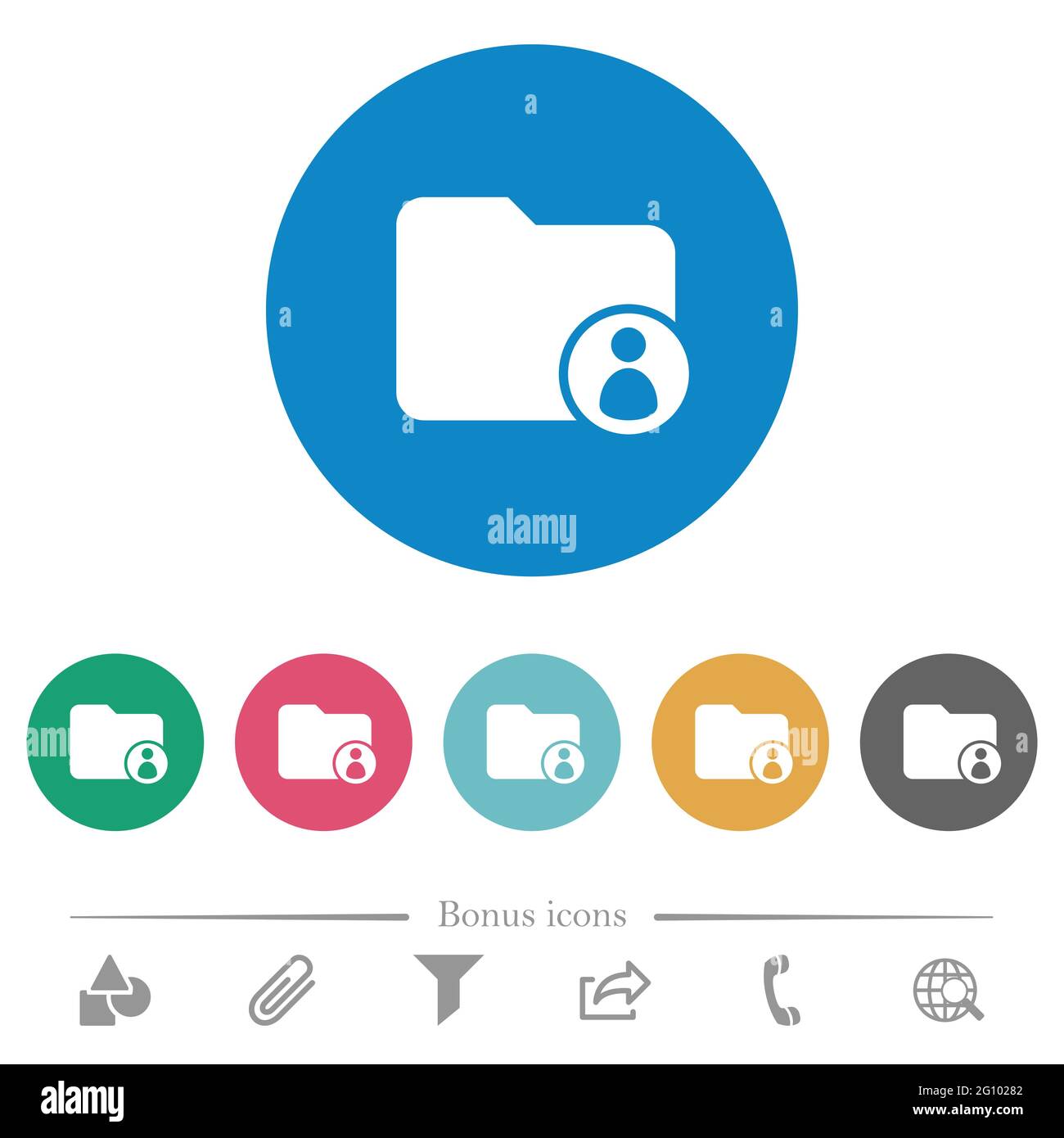 Directory owner flat white icons on round color backgrounds. 6 bonus ...