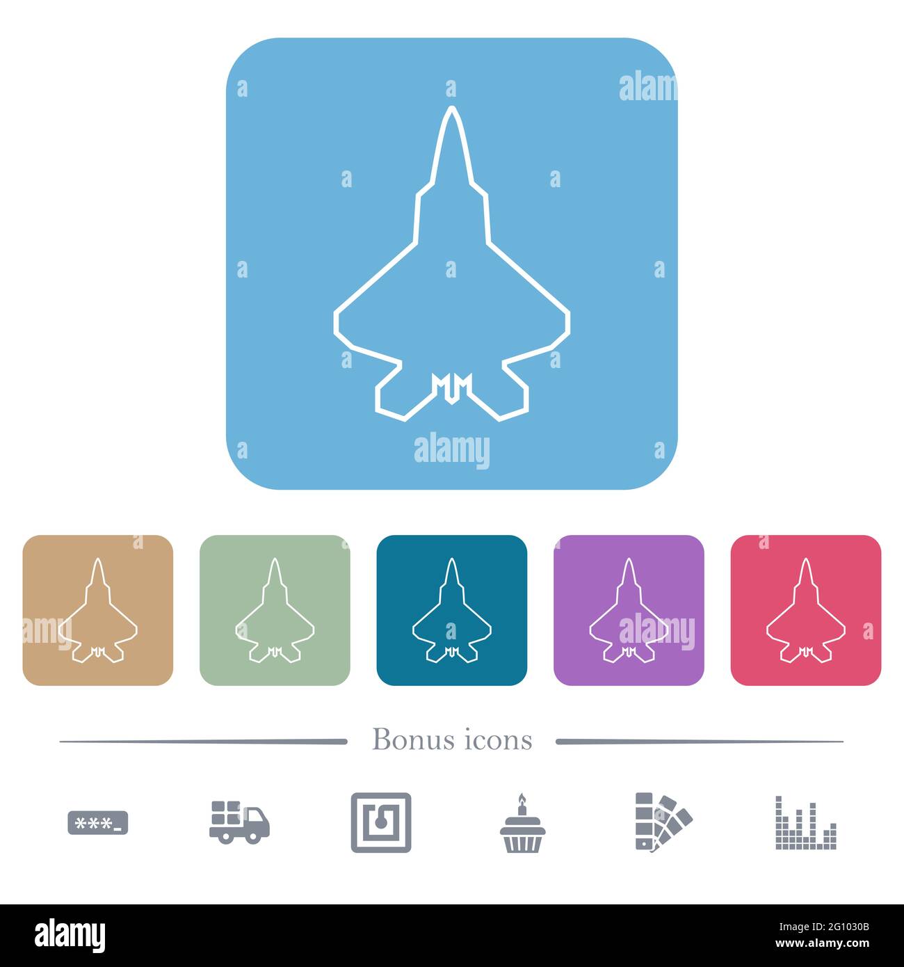 Jet fighter outline white flat icons on color rounded square backgrounds. 6 bonus icons included ...