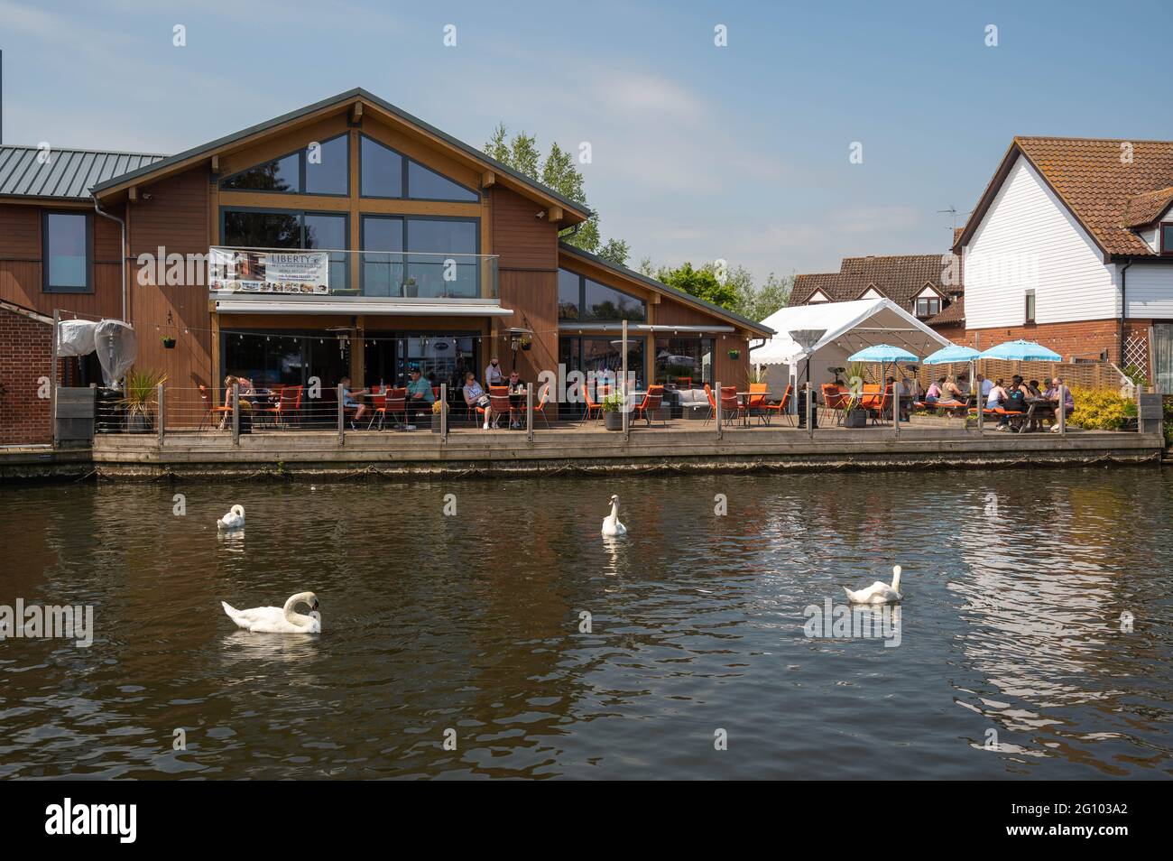 Liberty restaurant at Wroxham by the riverside with people sitting ...