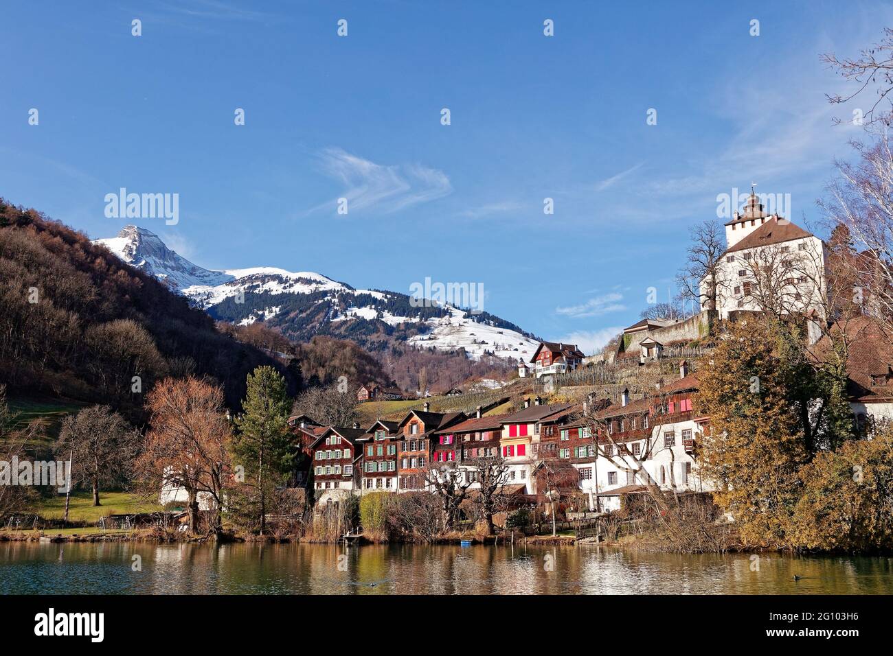 Historical village Werdenberg with castle and lake Stock Photo - Alamy