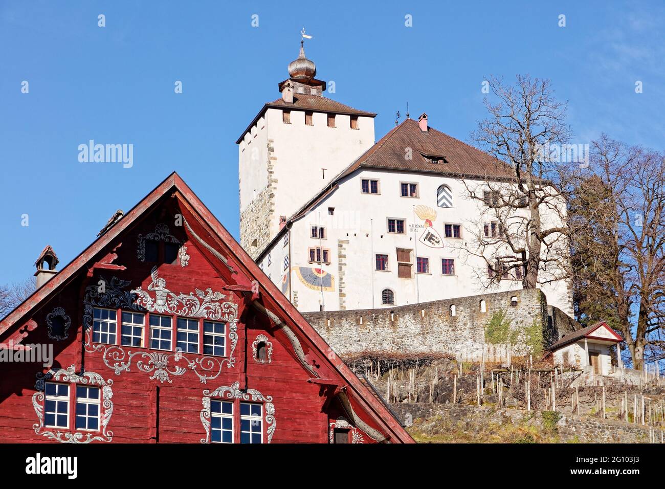 Historical village Werdenberg with castle and detail of Schlangenhaus ...
