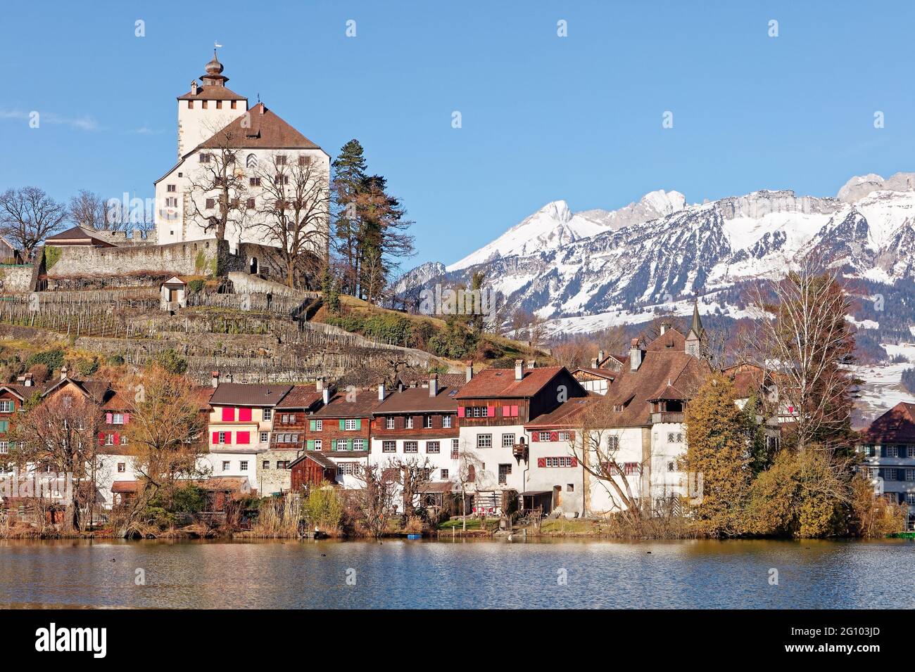 Werdenberg castle and Alpstein mountains Stock Photo - Alamy