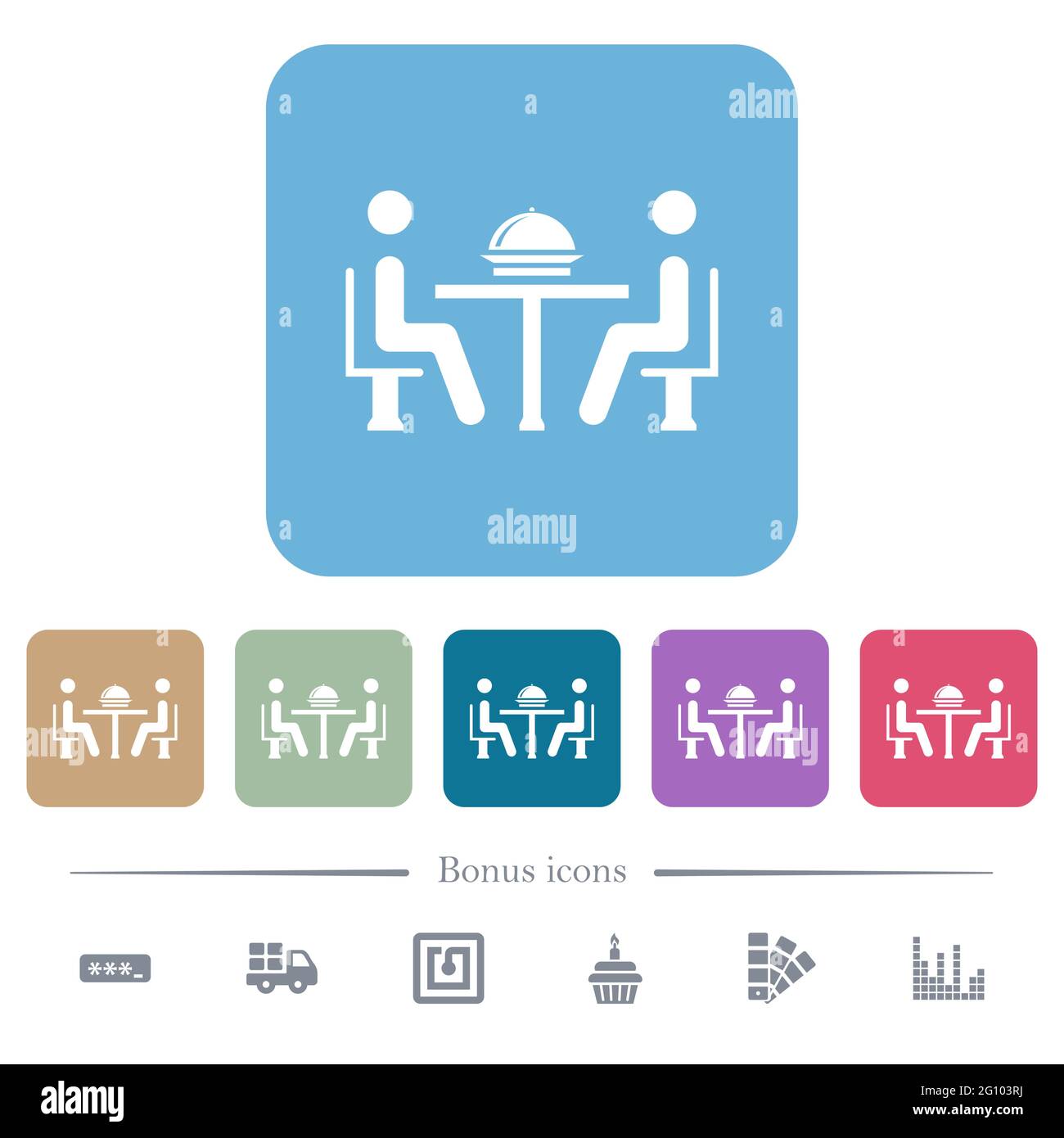 Lunch in restaurant white flat icons on color rounded square ...