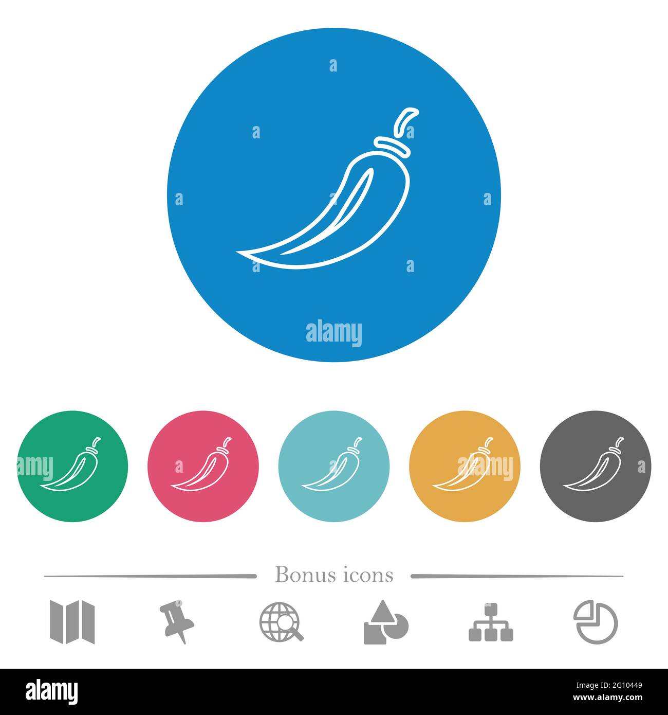 Chili pepper flat white icons on round color backgrounds. 6 bonus icons ...