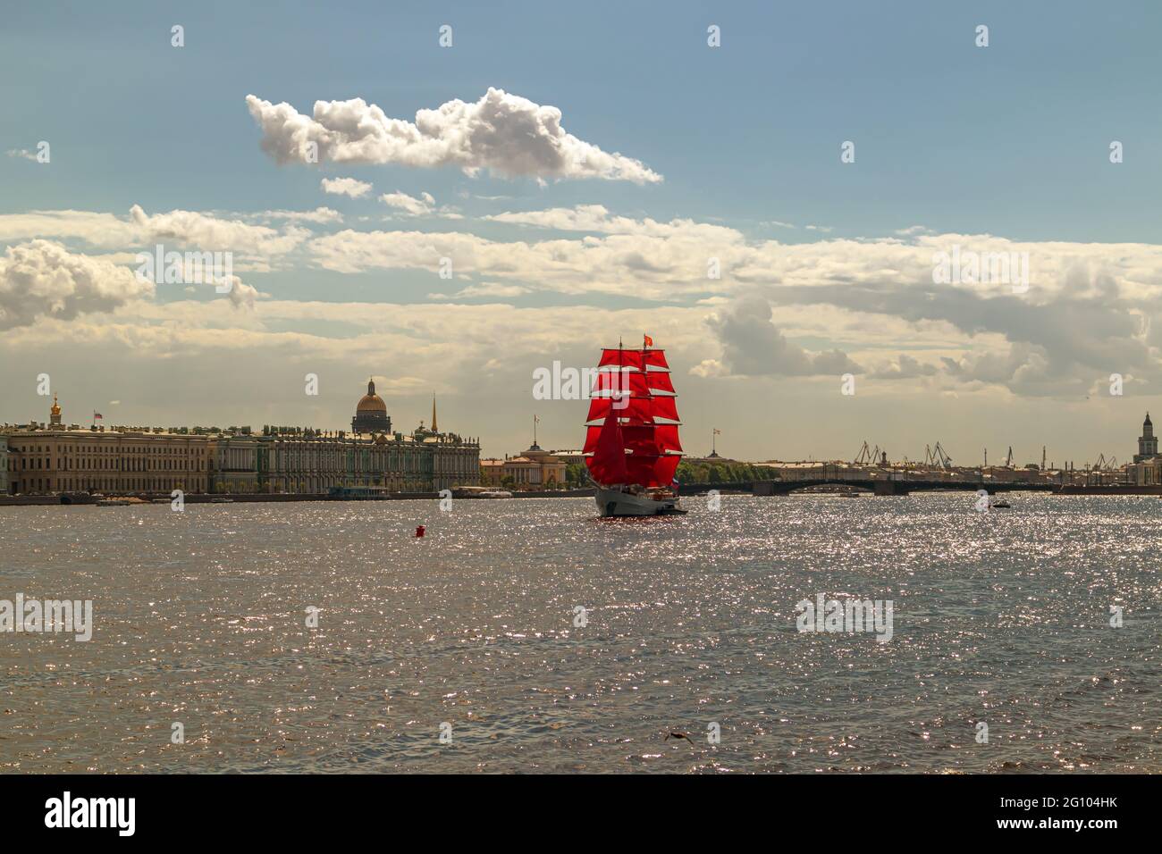 Brig with scarlet sails in the water area of the Neva. Rehearsal of the ...