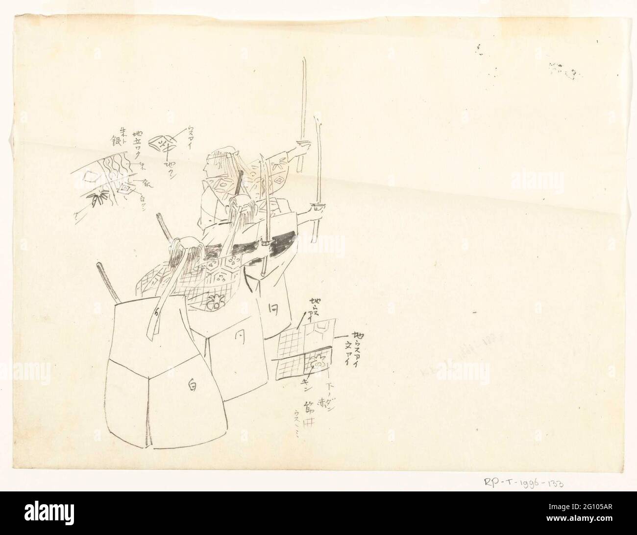 Scene from the noh theater piece of tsuchigumo. Three Japanese actors ...
