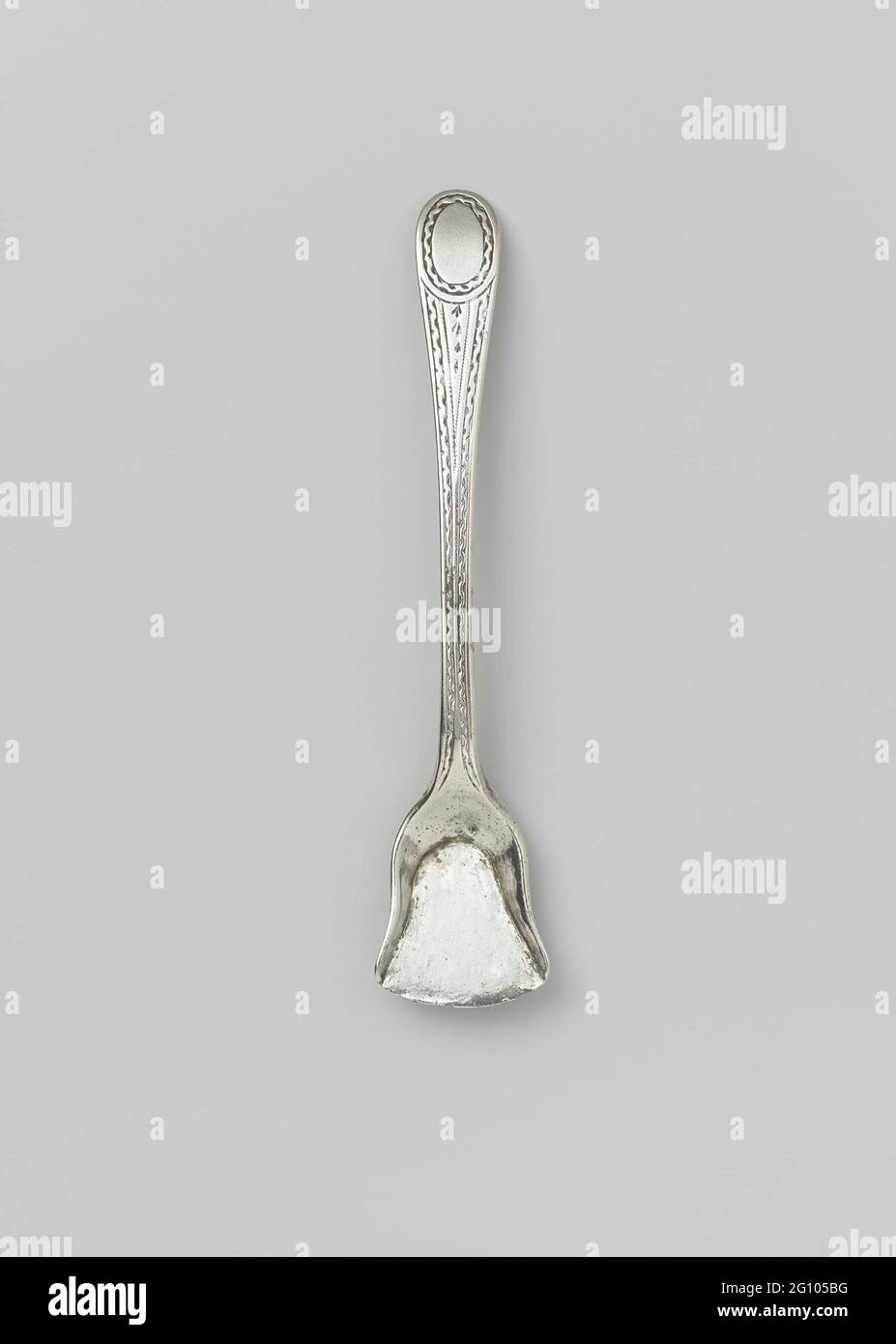Saline spoon, scoop-shaped with engraved stem and oval at the point ...