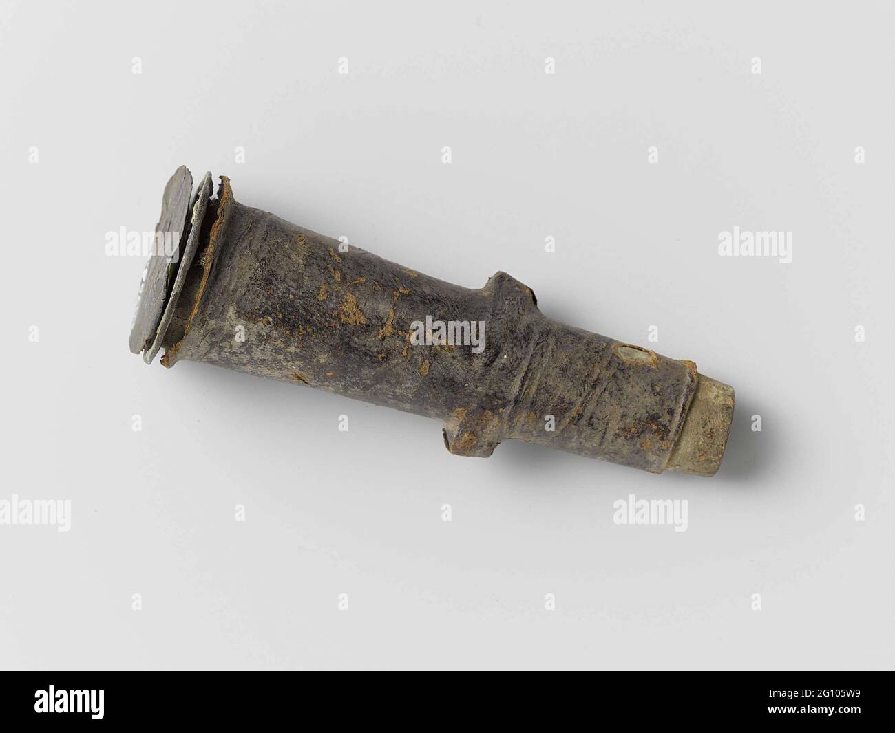 Musket size of brass with a leather sleeve and leather ears. Musket ...