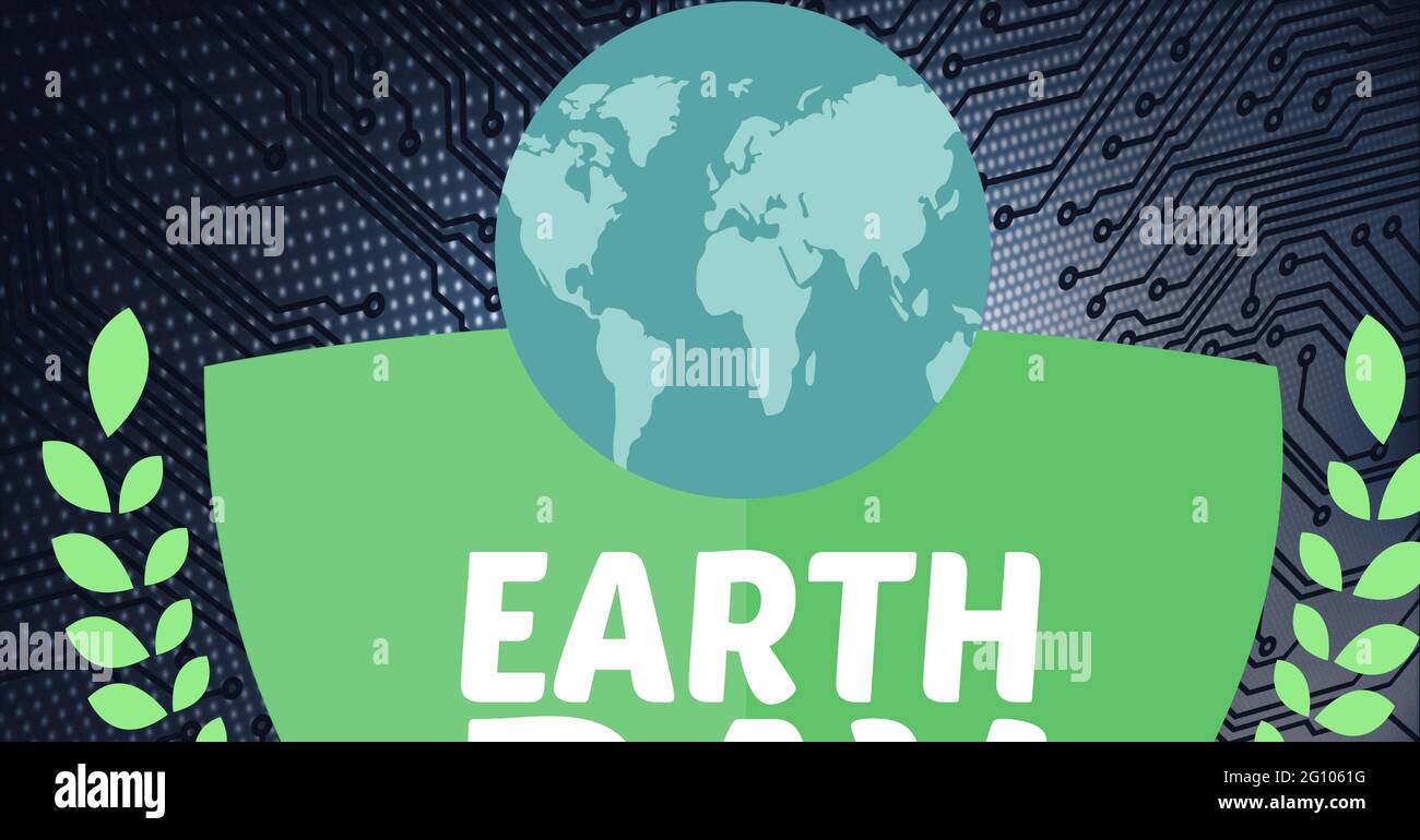 Composition of earth day text with green leaves, blue globe over ...