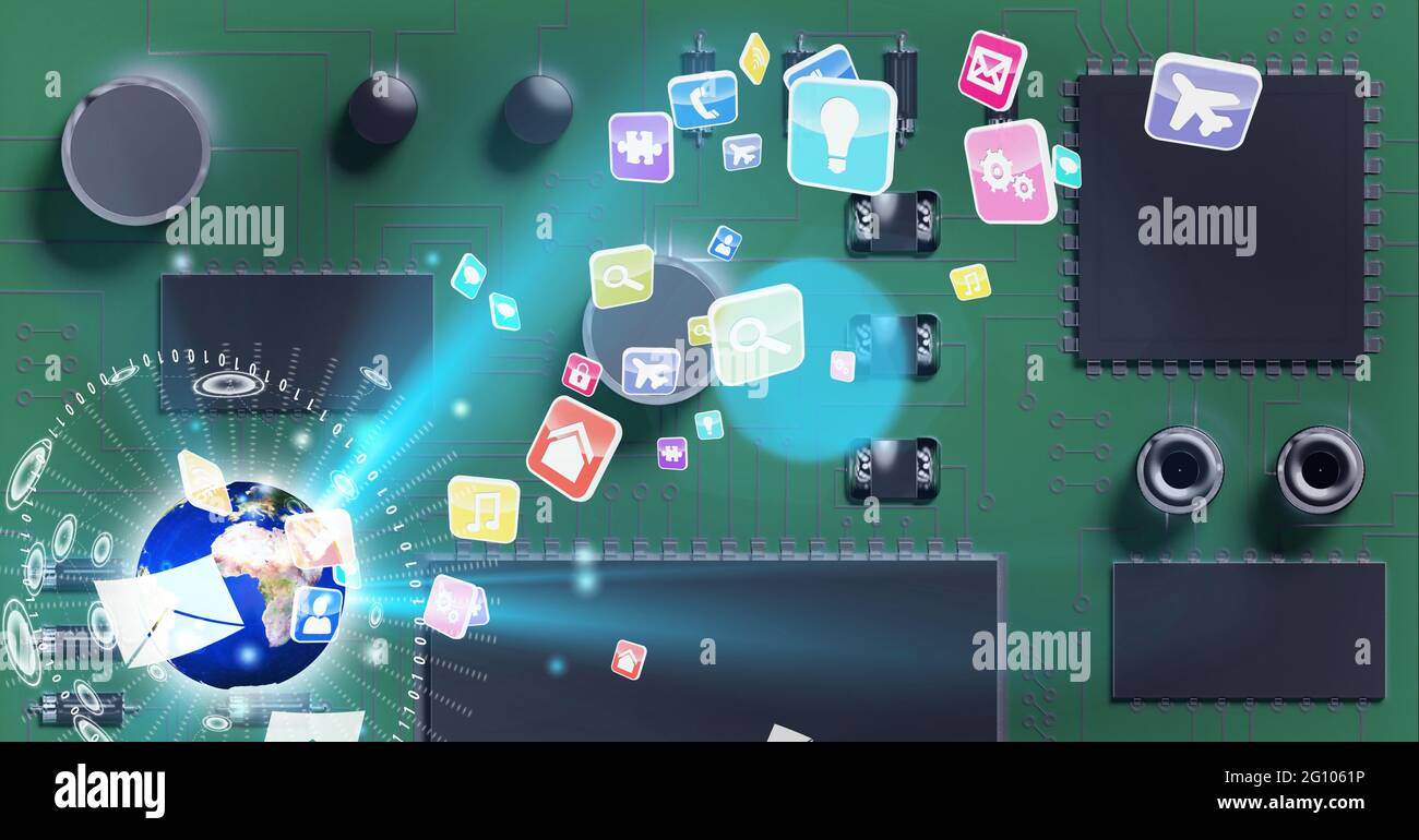 Composition of glowing globe and digital icons over computer processor circuit board server ...