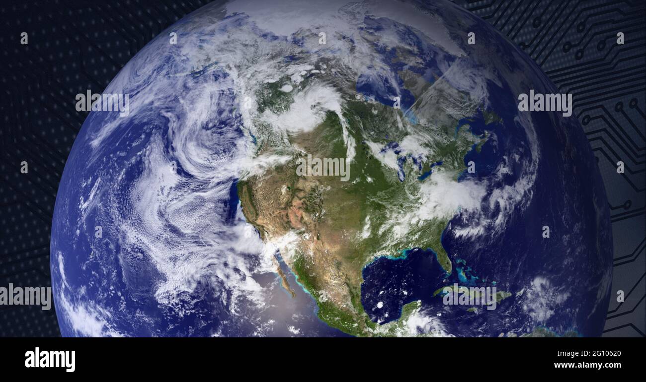 Digital circuit animation over earth hi-res stock photography and ...