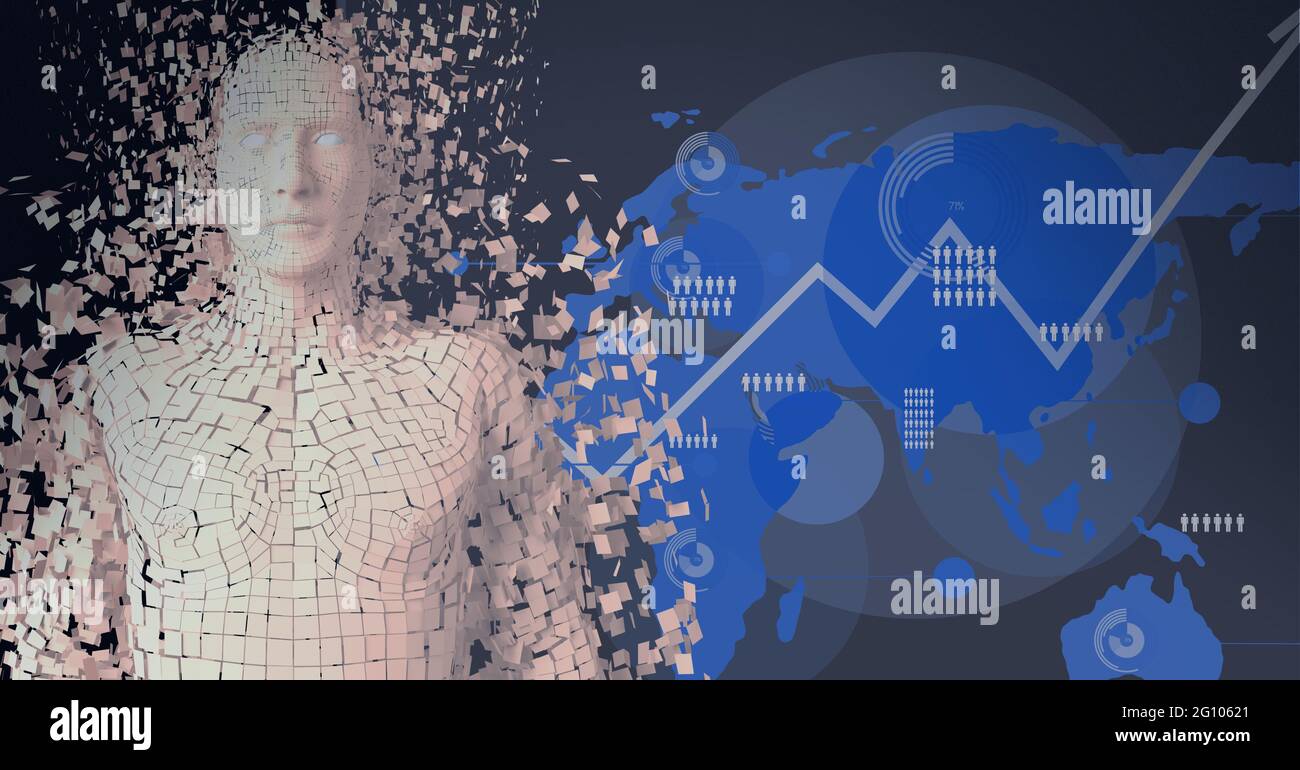 Composition of exploding human bust with over globe and data processing ...