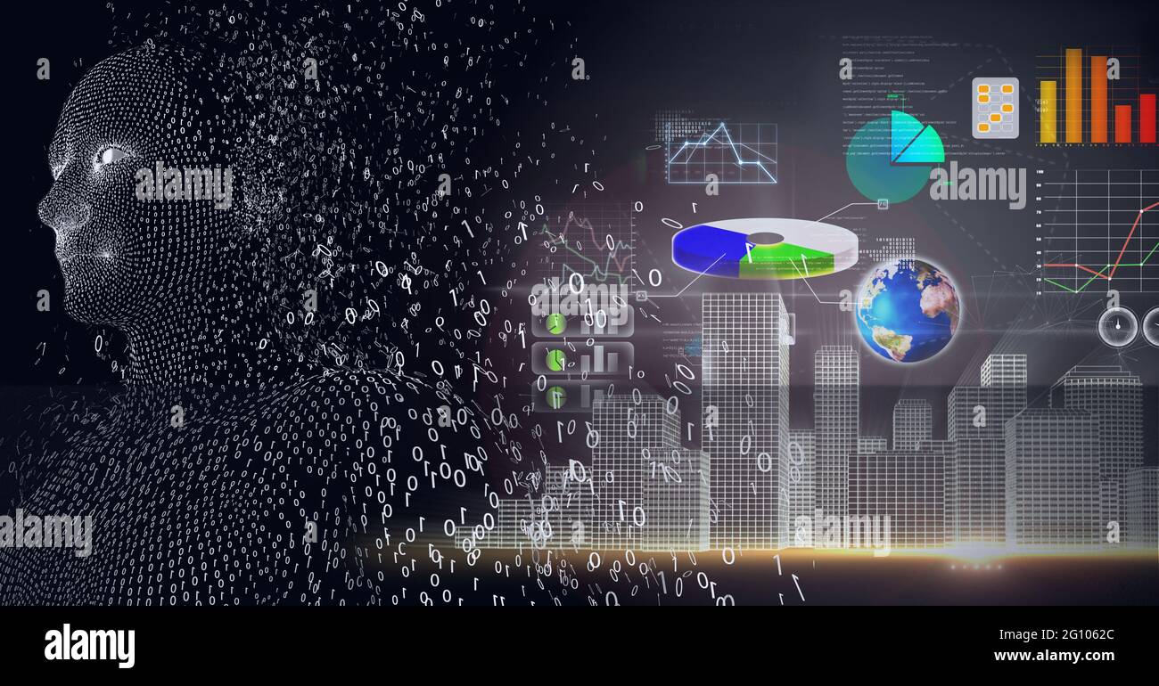 Composition Of Exploding Human Bust With Binary Coding Over Data 5969