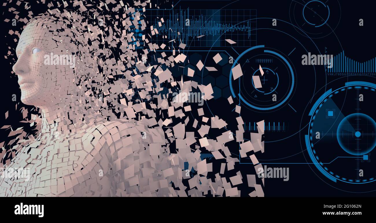 Composition Of Exploding Human Bust Formed With Particles Over Data