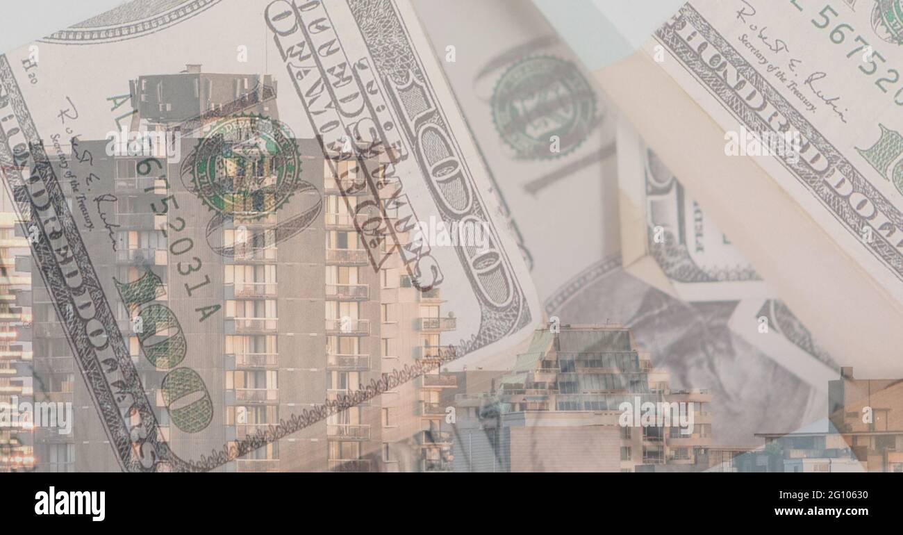 Composition of us dollar bills over modern city buildings Stock Photo ...