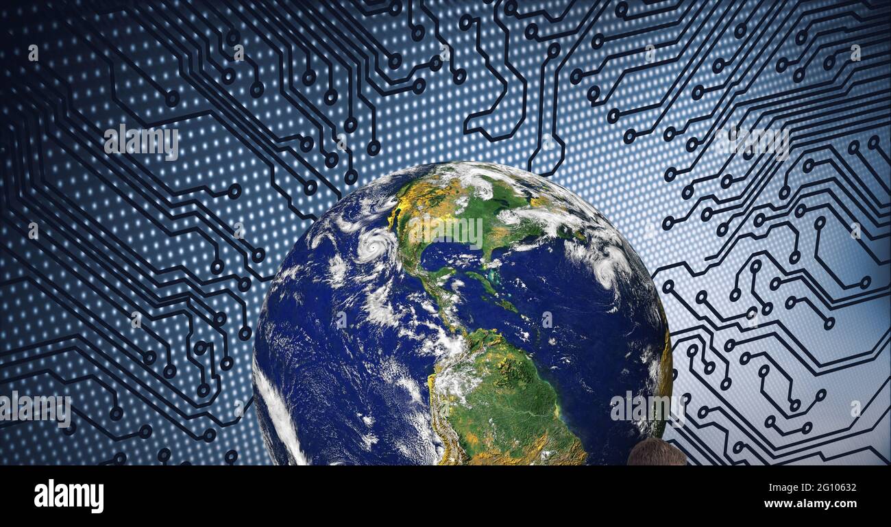 Composition of globe over computer circuit board Stock Photo - Alamy
