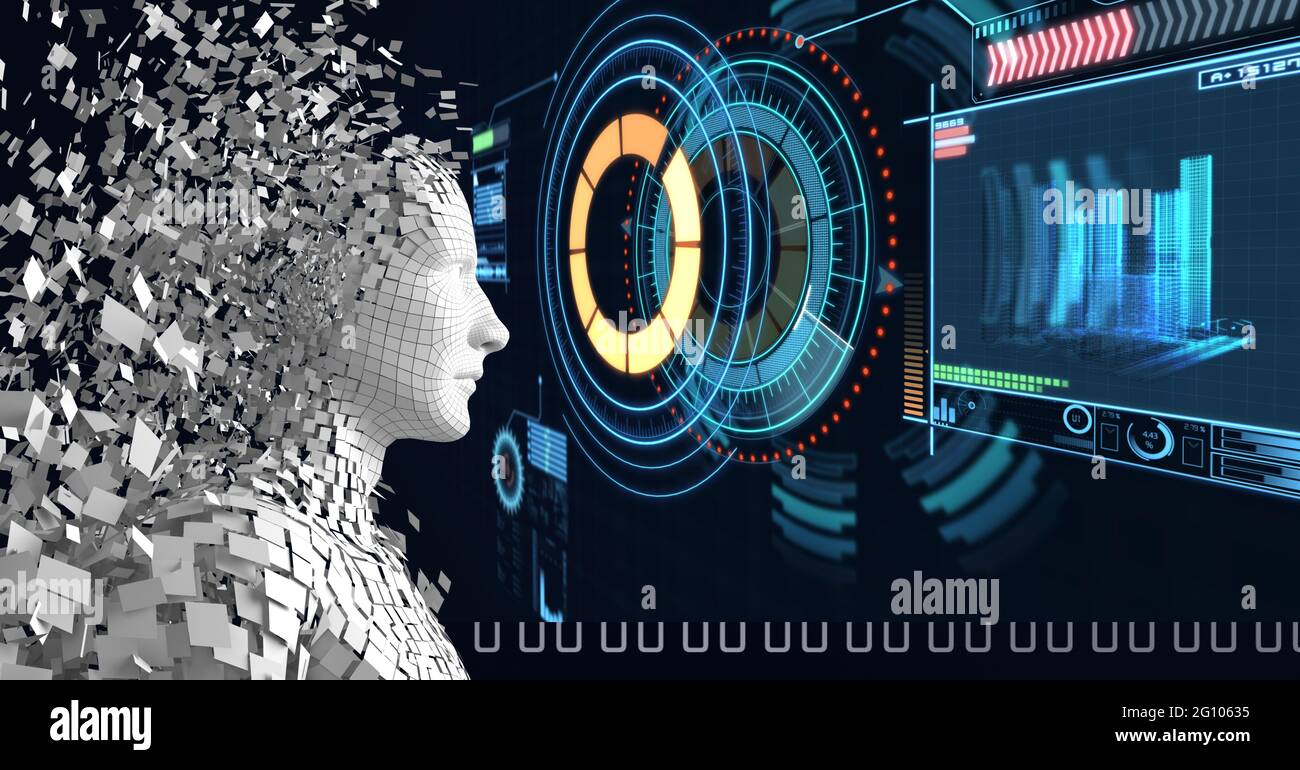 Composition of exploding human bust with data processing over scopes ...