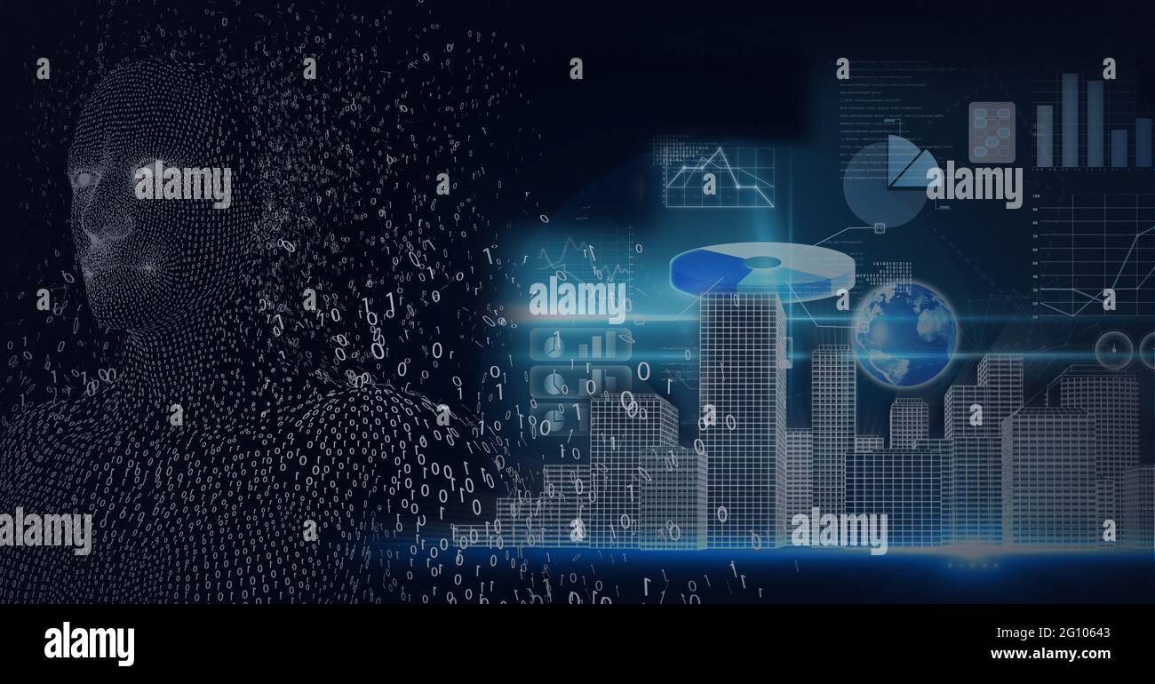 Composition of exploding human bust with binary coding over data processing Stock Photo - Alamy