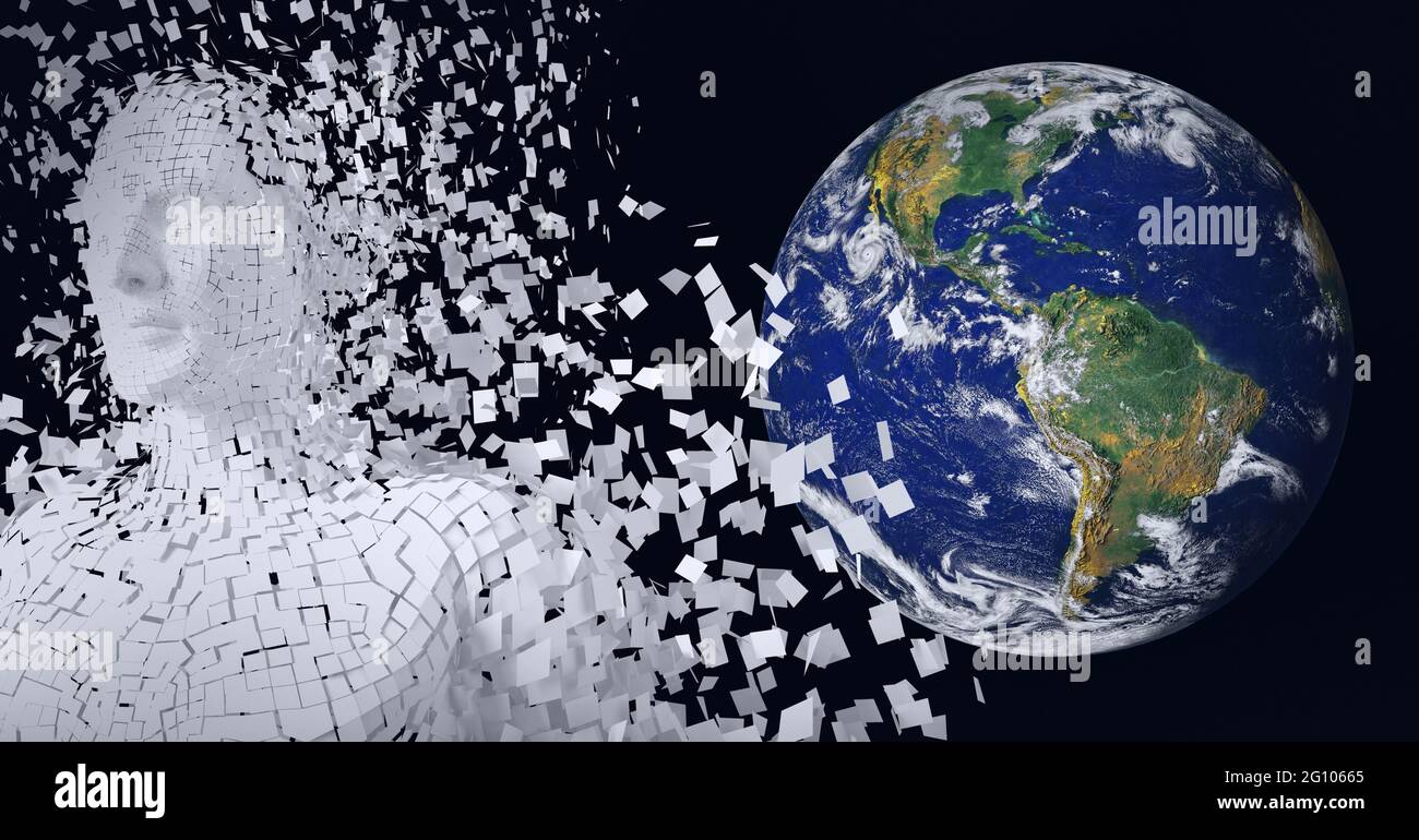 Composition of exploding human bust with over globe Stock Photo - Alamy